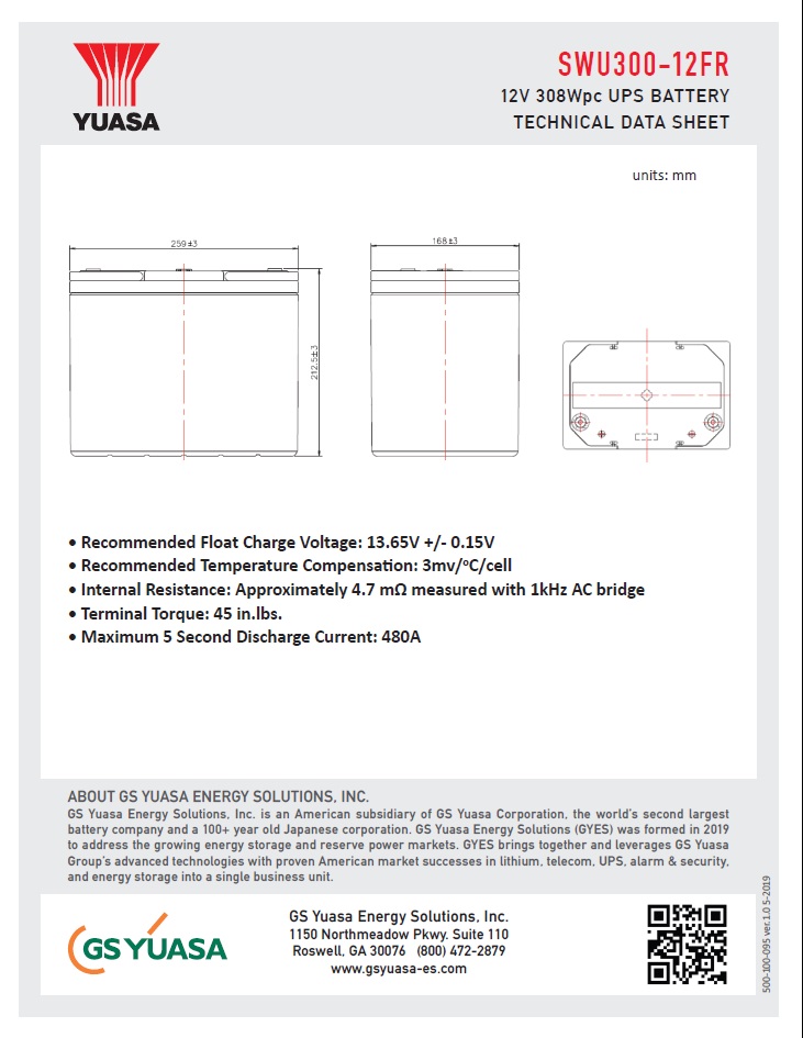YUASA SWU300-12FR 12 V 308 Wpc Top Terminal UPS Battery 10 Year Life